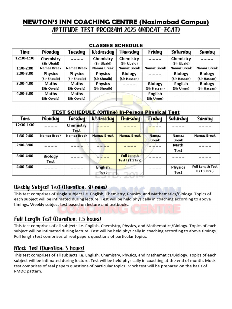 NICC Aptitude Test Program (June & July Schedule) | PDF | Natural ...