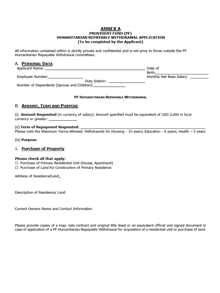 PF Humanitarian Withdrawal Application Form | PDF