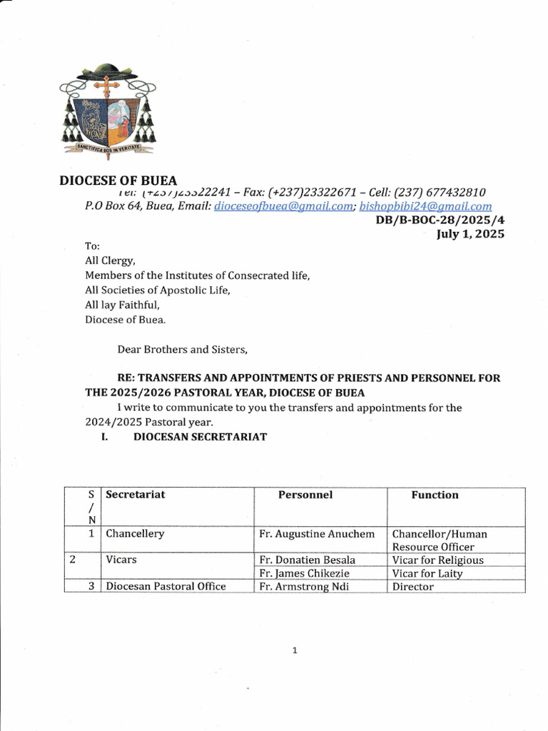 Diocese of Buea, 2025 Appointments - 20250701 - 0001 | PDF | Religious ...
