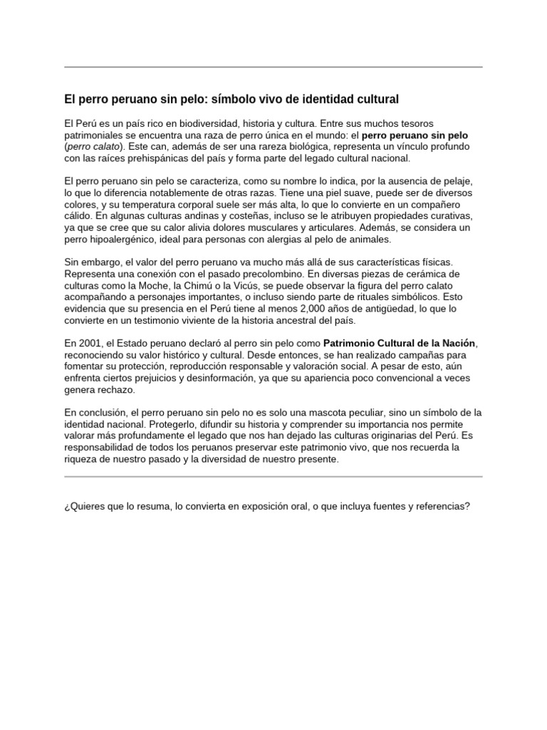 El Perro Peruano Sin Pelo - Símbolo Vivo de Identidad Cultural | PDF