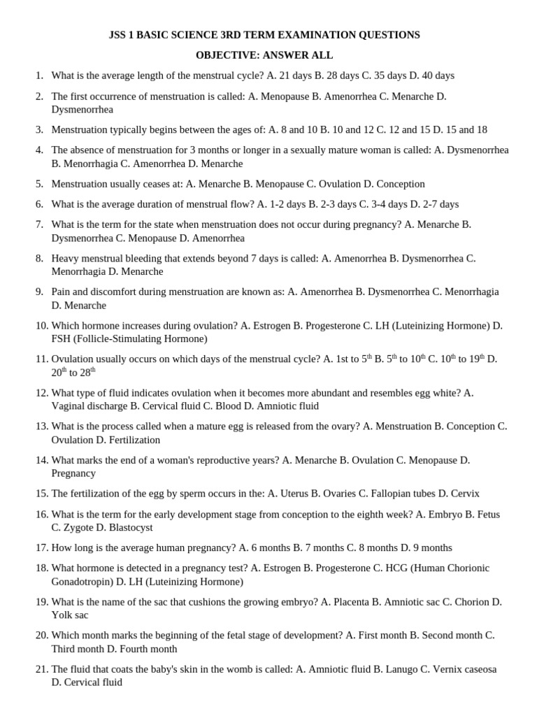 Jss 1 Basic Science 3rd Term Examination Questions | PDF | Menstrual Cycle | Menstruation