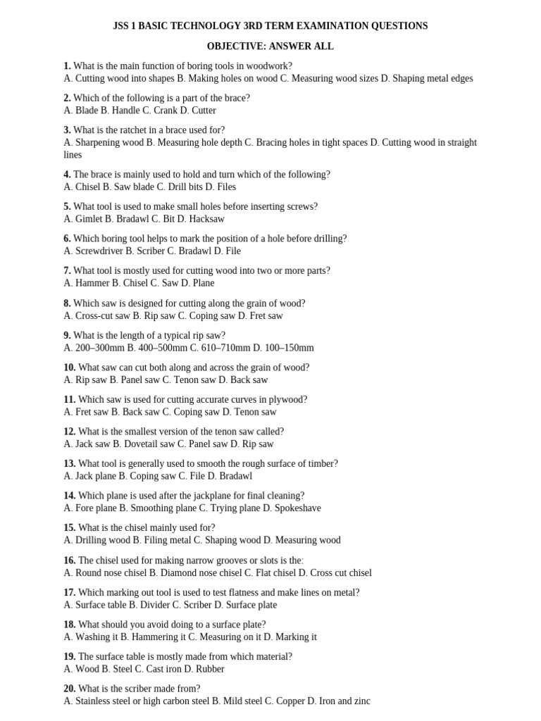 Jss 1 Basic Technology 3rd Term Examination Questions | PDF | Metalworking | Tools