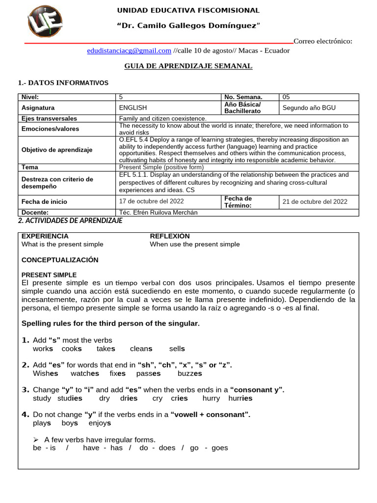 Guia Semana 7-2do Bgu-Ingles Efren | PDF