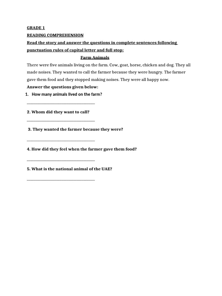 Grade 1 Reading Comprehension: Farm Animals | PDF
