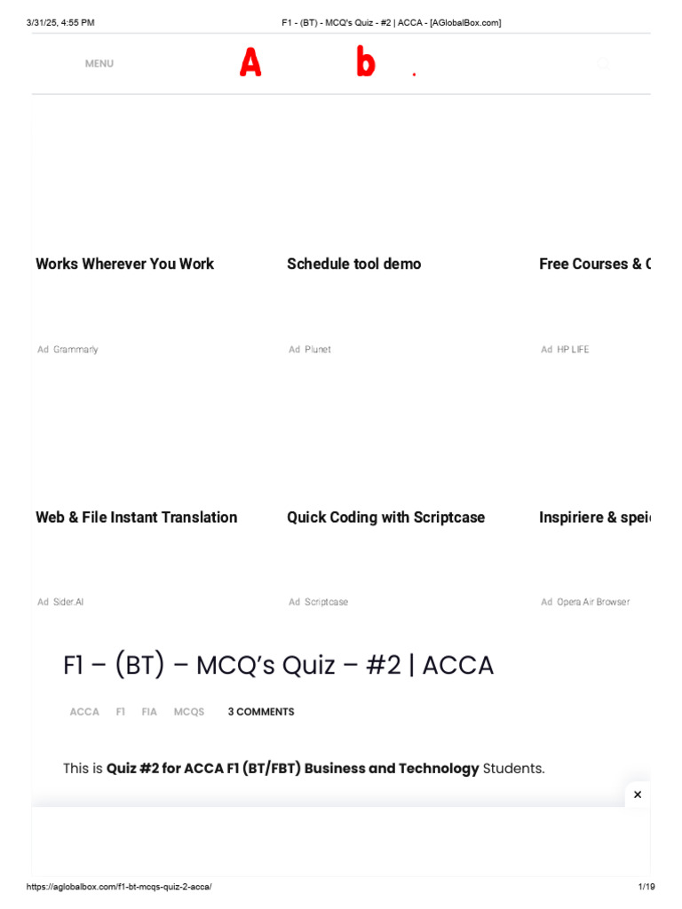 F1 - (BT) - MCQ's Quiz - #2 - ACCA - (AGlobalBox - Com) | PDF | Multiple Choice | Performance ...