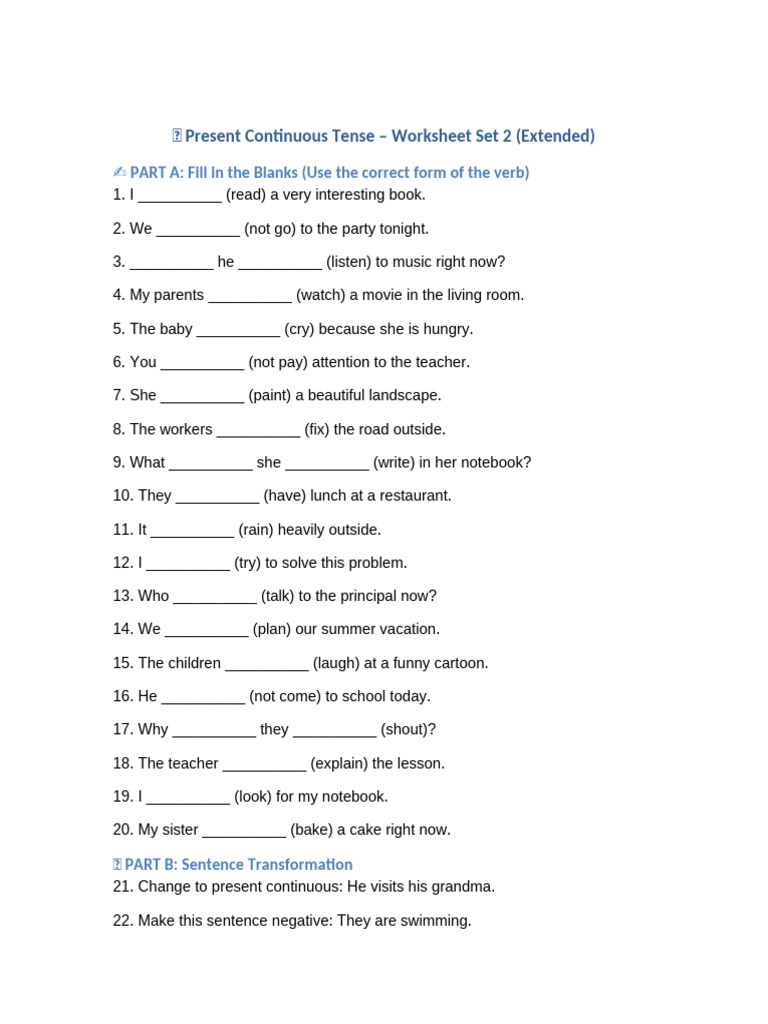 Present Continuous Tense Worksheet | PDF