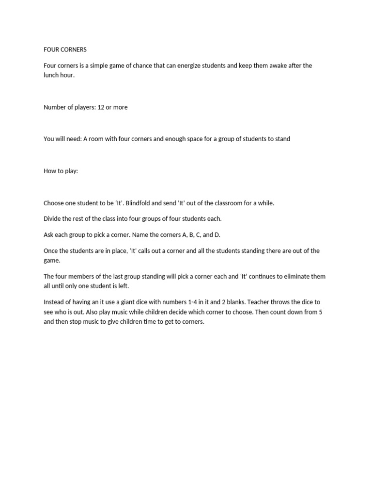 Four Corners Classroom Game Guide | PDF