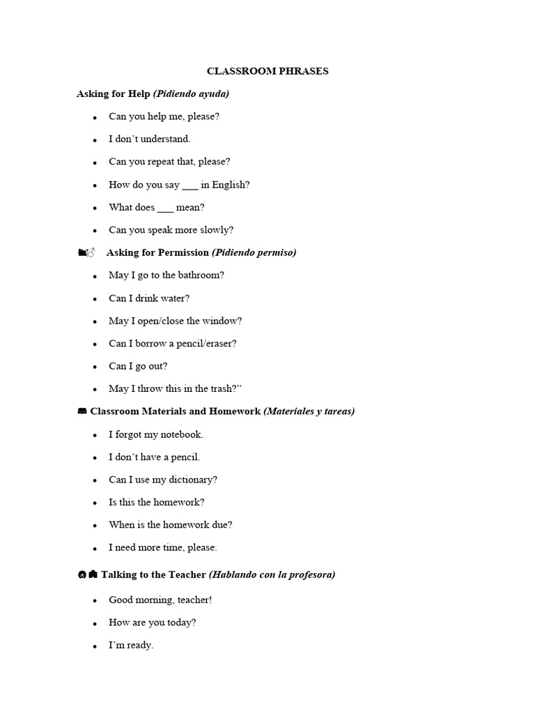 Classroom Phrases T1. | PDF