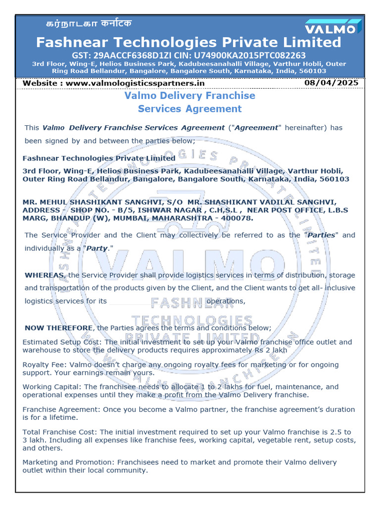 Valmo Delivery Franchise Agarement Mr. Mehul Shashikant Sanghvi | PDF | Franchising | Business