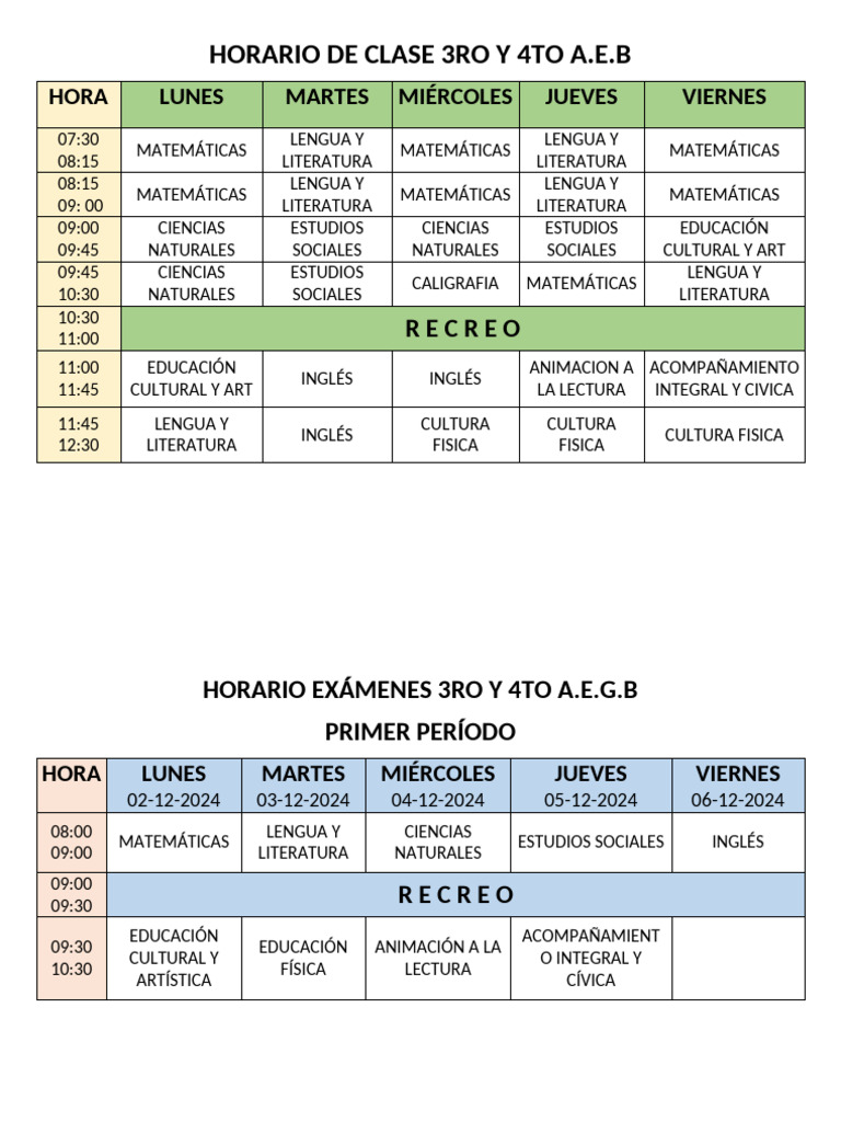 Horario de Clase 3ro y 4to-1.docx y Examenes | PDF