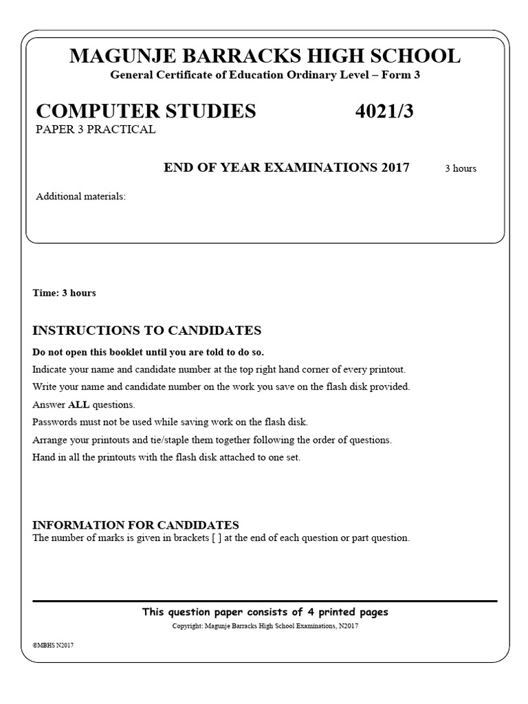 Form3 Paper 3 2017 Term 3 | PDF | Computer Engineering | Software
