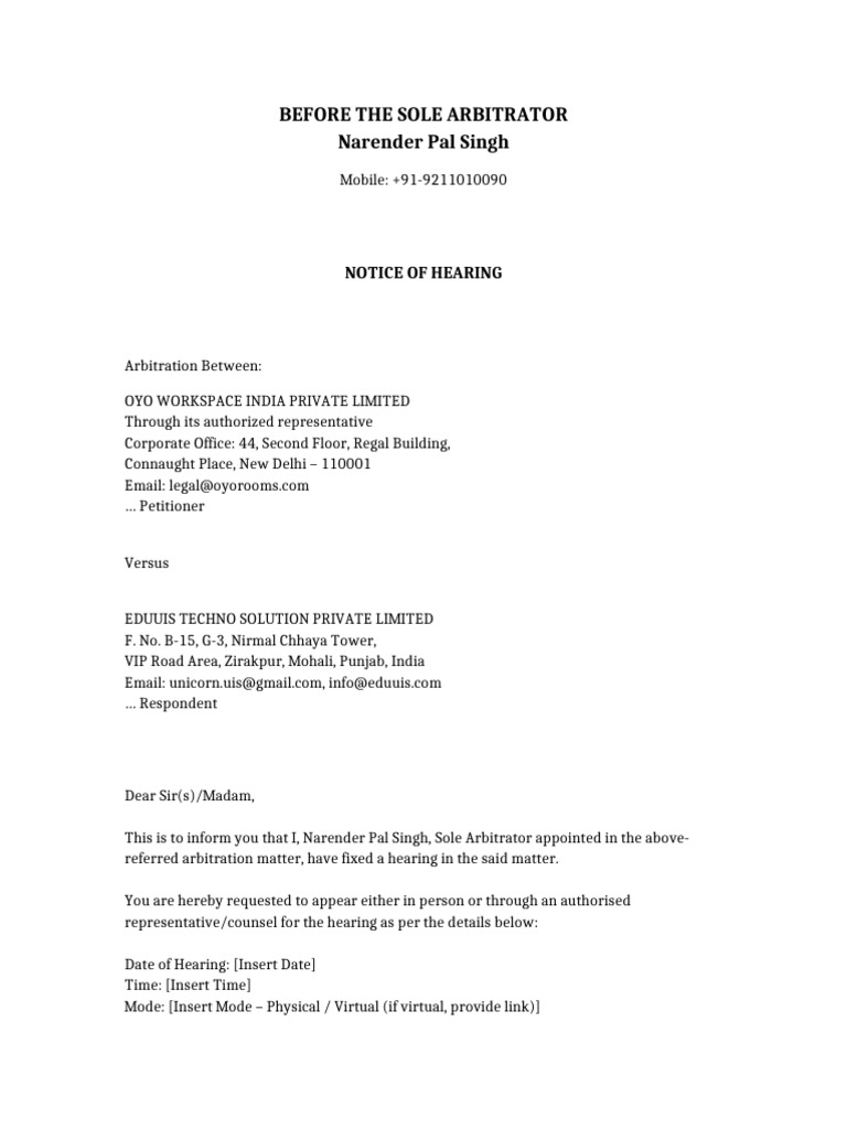 OYO vs EDUUIS Arbitration Hearing Notice | PDF