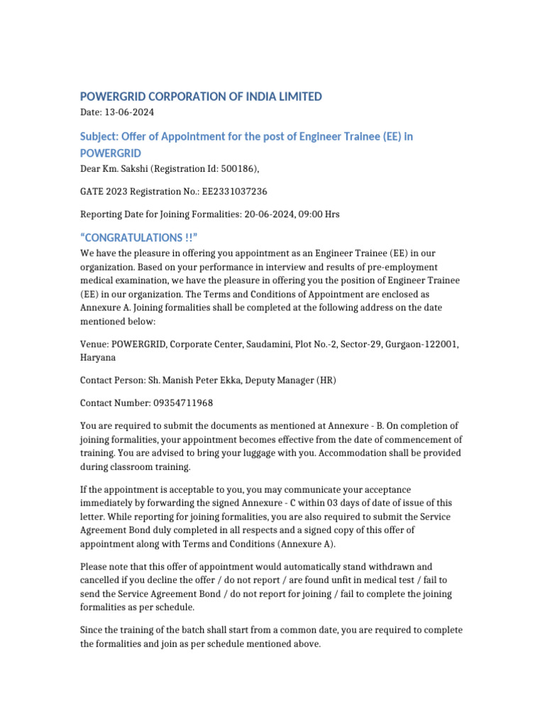 POWERGRID Offer Letter Sakshi | PDF