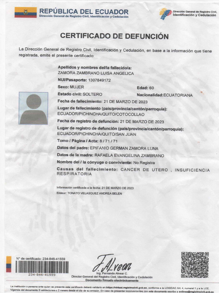 Acta Defunción Luisa Angelica Zamora | PDF