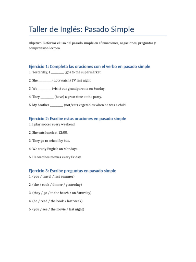 Descargar Taller Pasado Simple | PDF