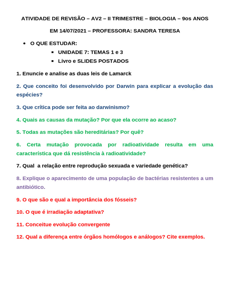 Atividade de Revisão Av2 Marista II Trimestre | PDF