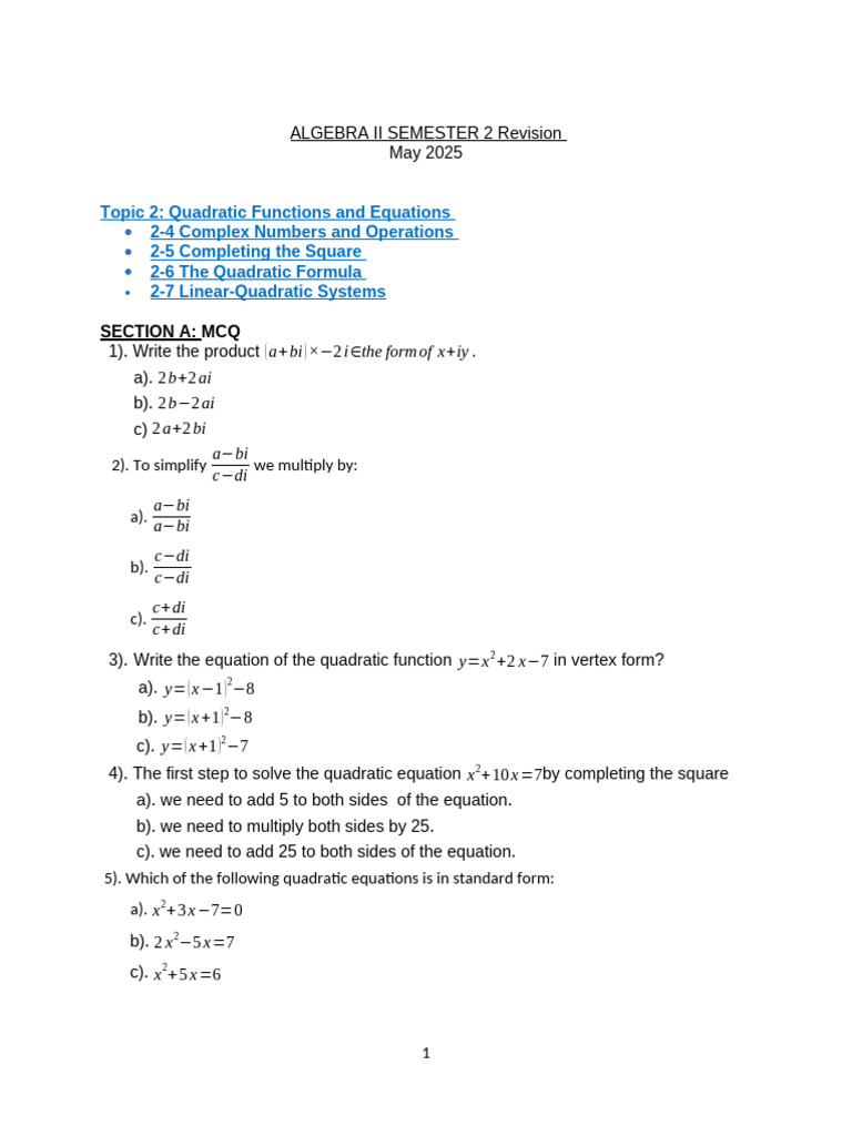 Revision For Algebra II Semester 2 2025 Examination | PDF | Quadratic ...