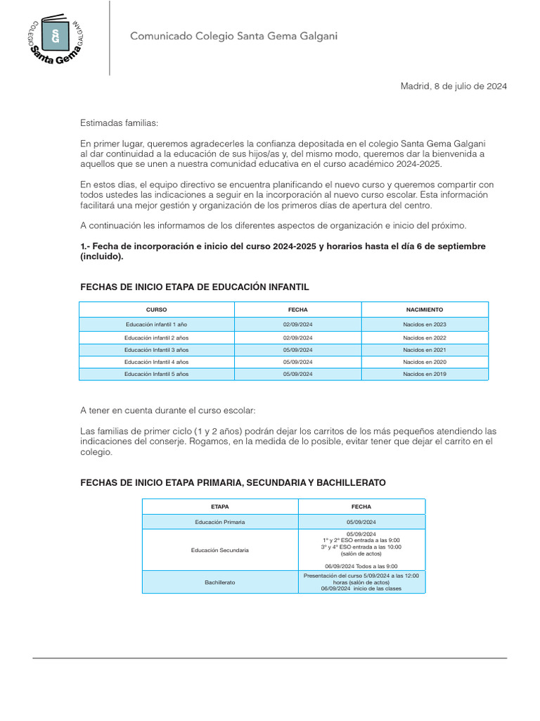 Inicio del Curso Escolar 2024-2025 en Santa Gema | PDF