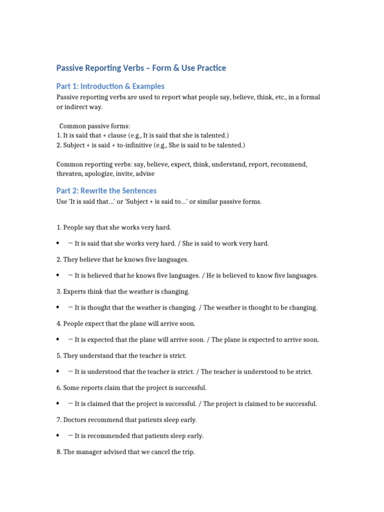 Passive Reporting Verbs Exercise With Answers | PDF | Subject (Grammar ...