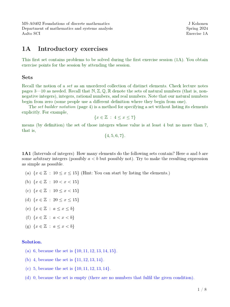 Discrete Math Exercise Set 1A Guide | PDF | Integer | Natural Number