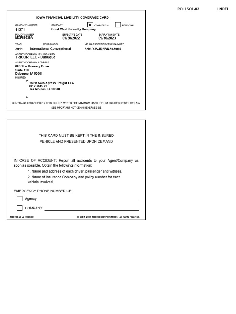 Iowa Auto Insurance Liability Card | PDF