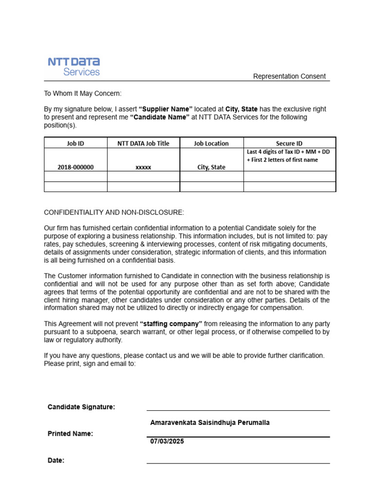 NTT DATA Services Right To Represent Form | PDF