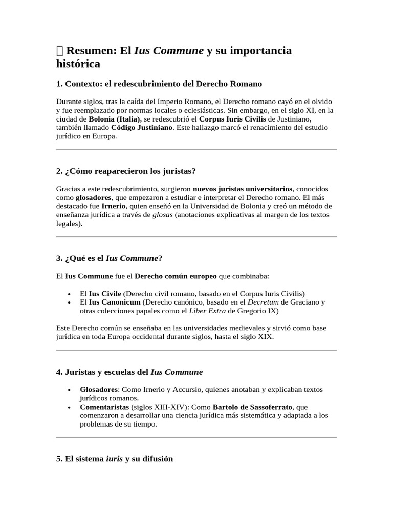 Resumen: El y Su Importancia Histórica: Ius Commune | PDF | Ley romana ...
