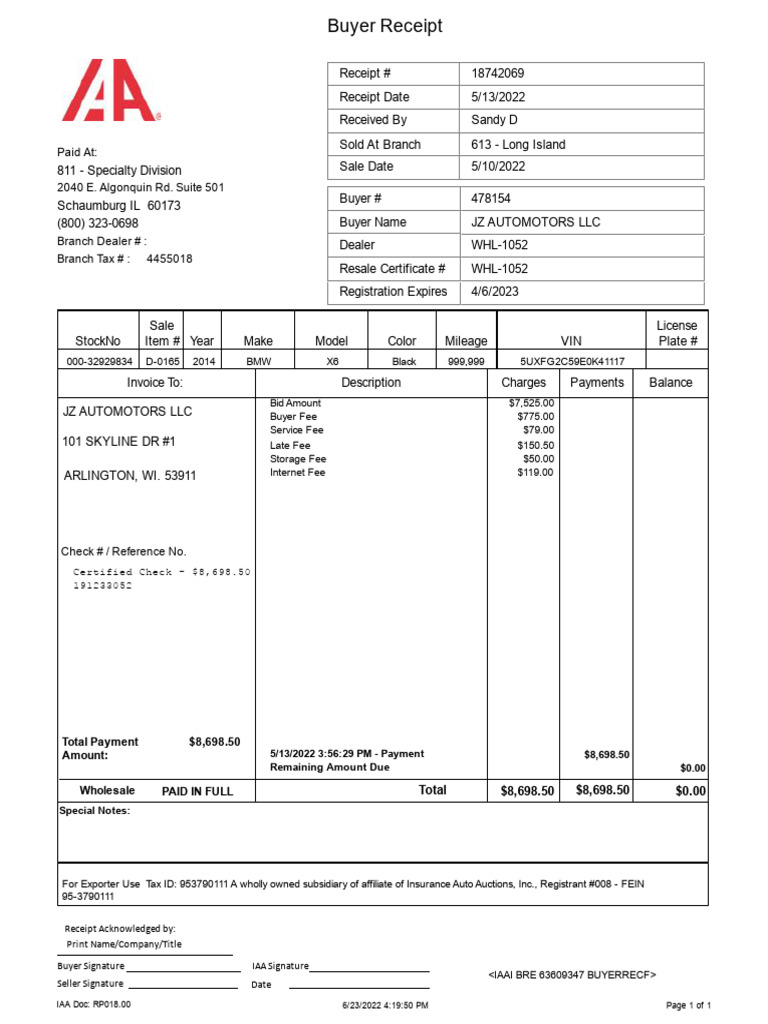 2014 BMW x6 Bill of Sale | PDF | Receipt | Fee