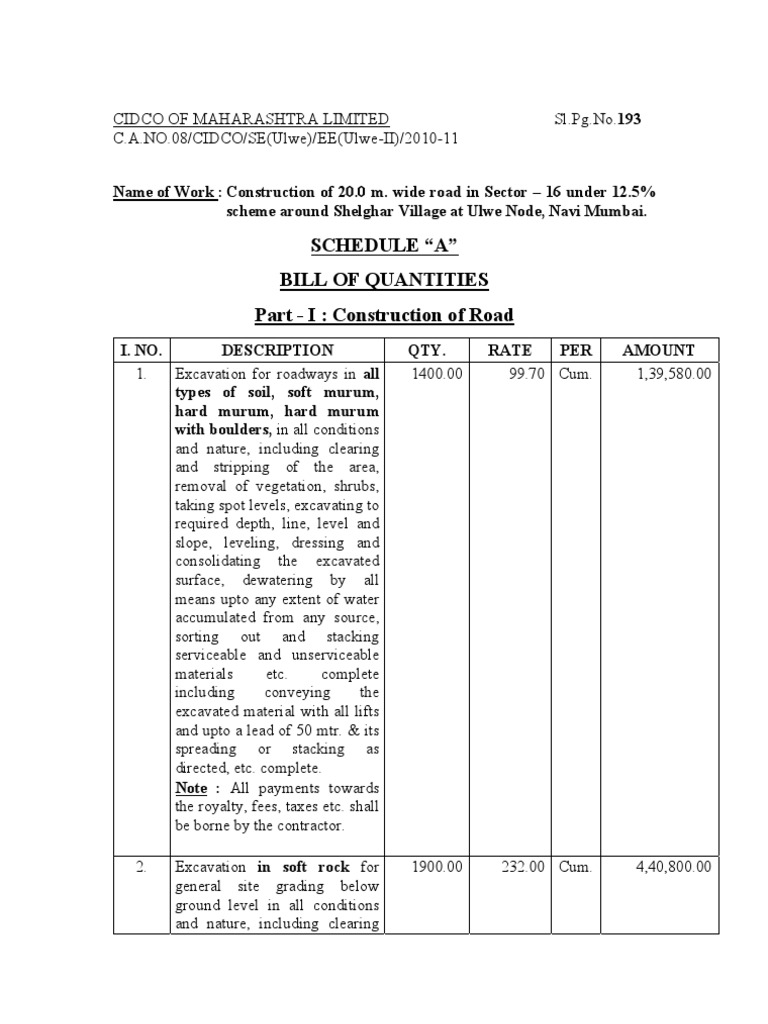 CIDCO BOQ For Road Construction Work | PDF | Asphalt | Concrete