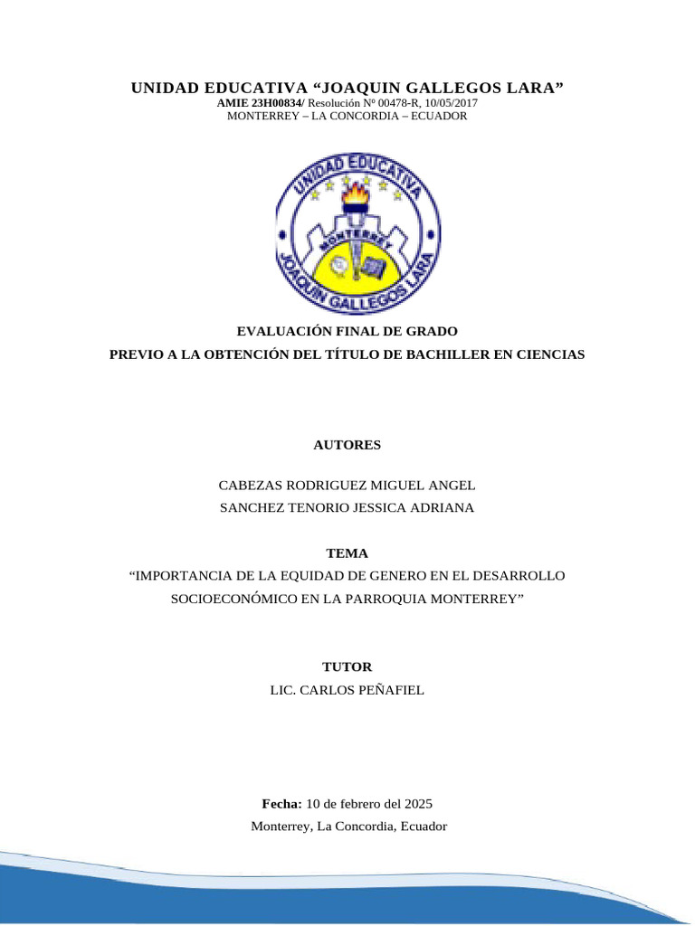 Importancia de La Equidad de Genero en El Desarrollo Socioeconómico en La Parroquia Monterrey ...