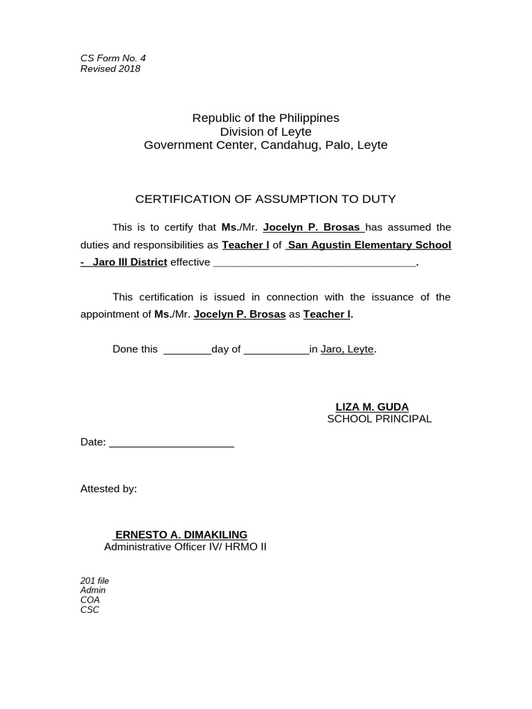 CS Form No. 4 Certification of Assumption To Duty No 30days | PDF