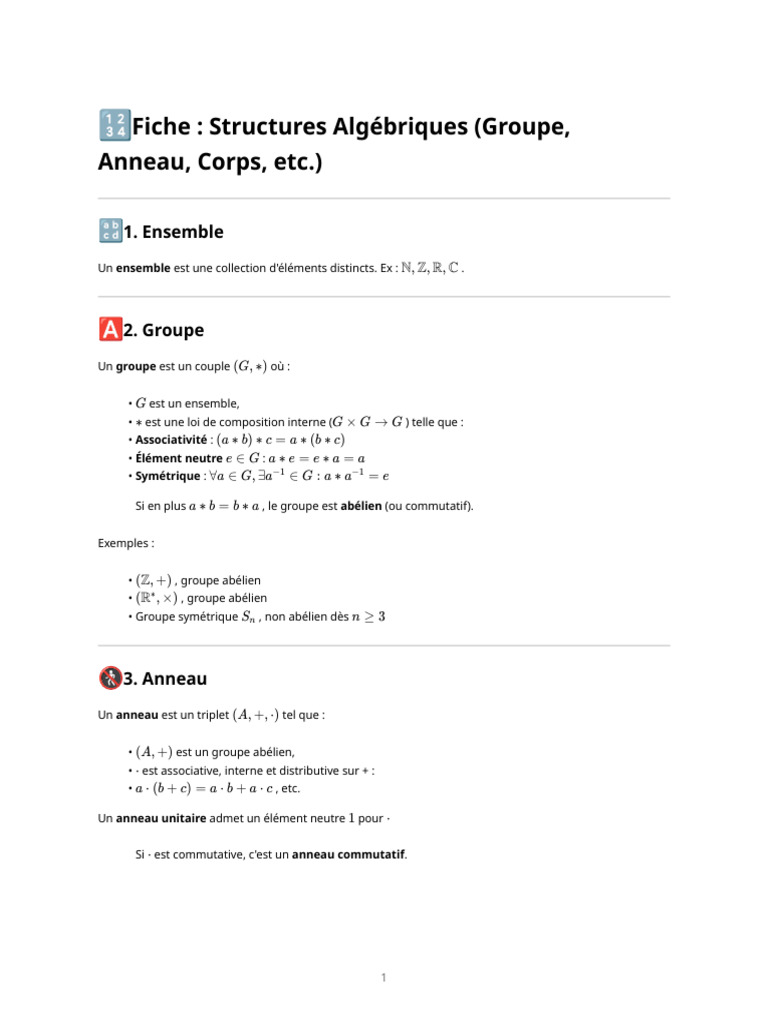 Structures Algébriques : Groupes, Anneaux, Corps | PDF | Anneau ...