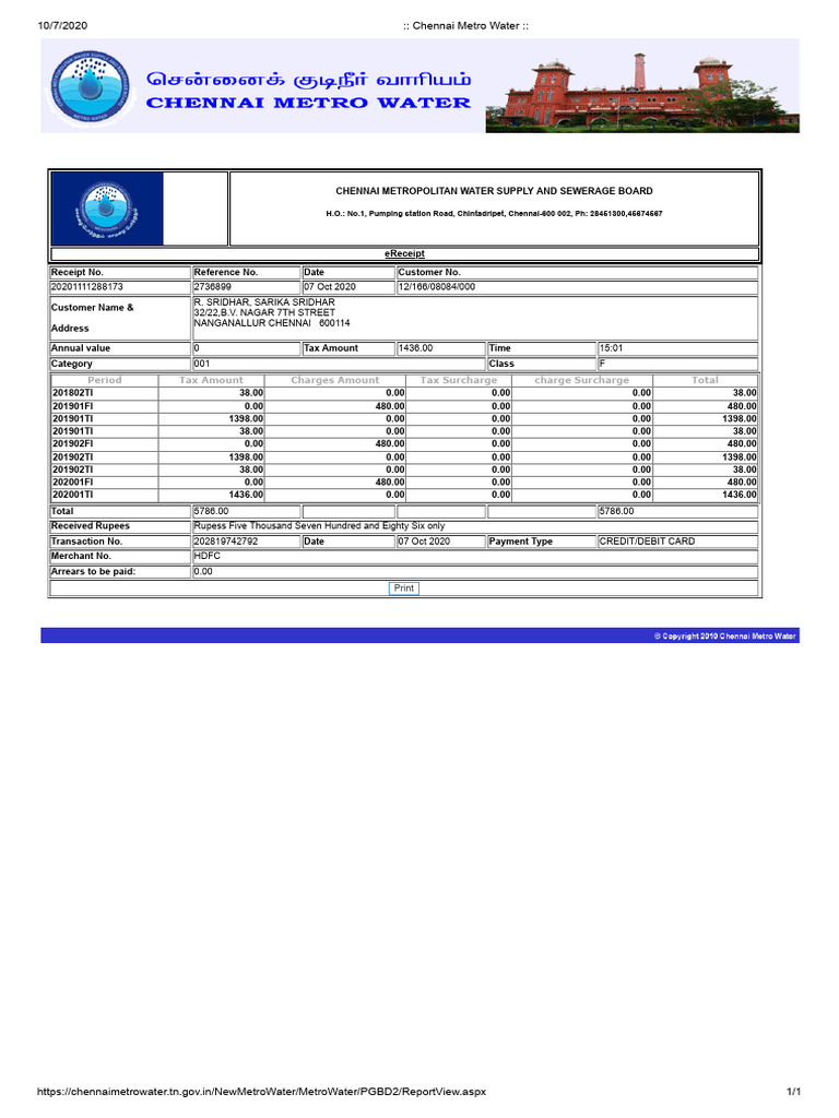 Chennai Metro Water - Receipt | PDF | Credit Card | Services (Economics)