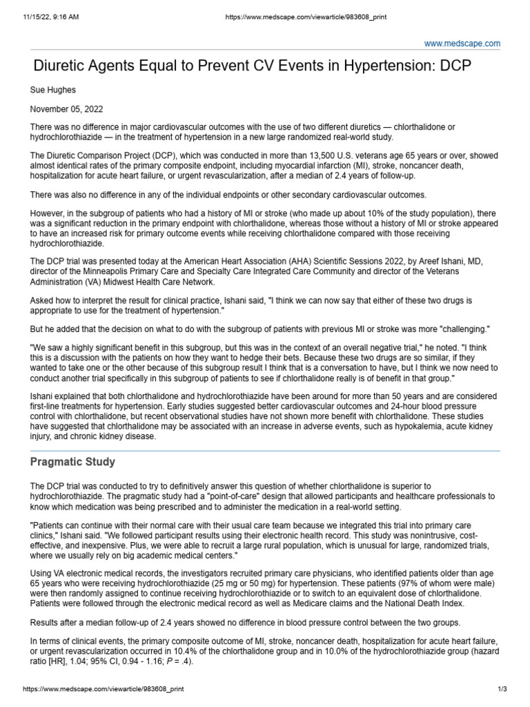 Diuretic Agents Equal To Prevent CV Events in Hypertension MedscaPE ...