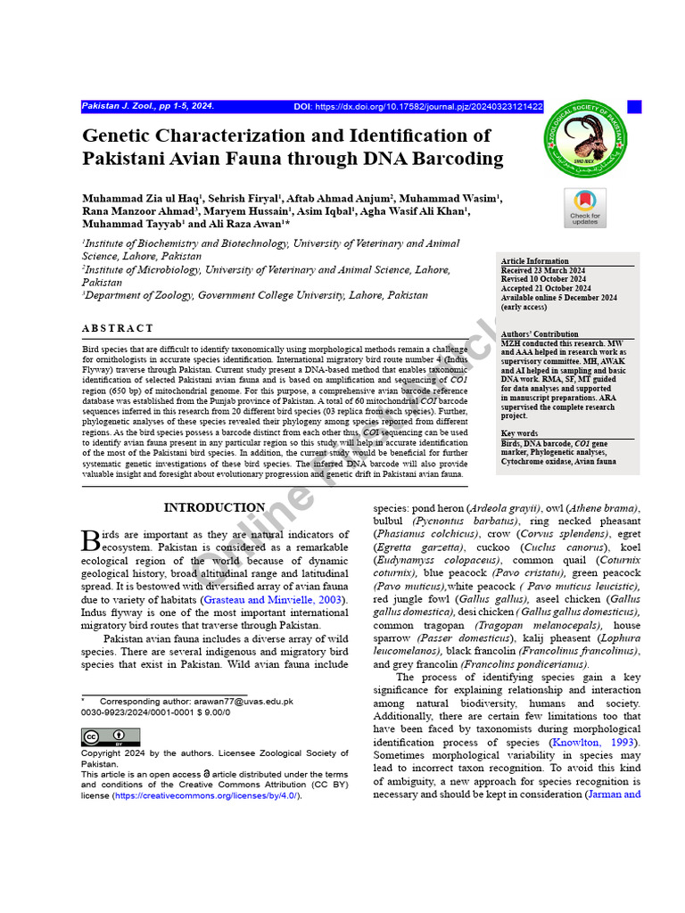 DNA Barcoding of Pakistani Birds | PDF | Species | Polymerase Chain ...