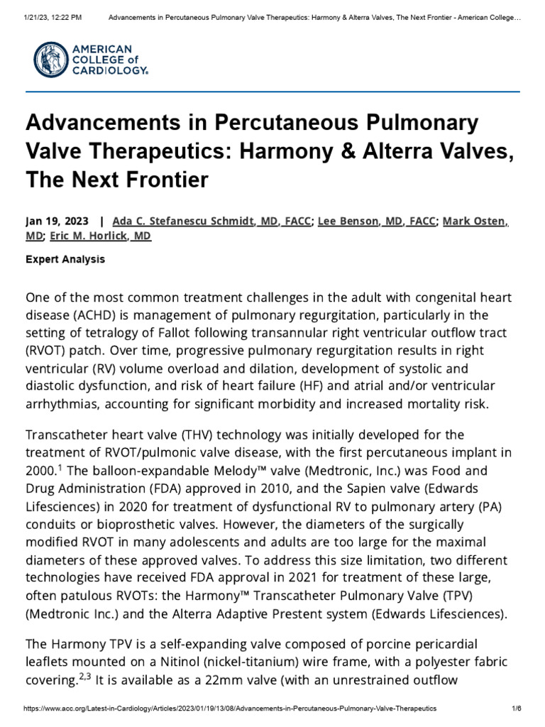 Advancements in Percutaneous Pulmonary Valve Therapeutics - Harmony ...