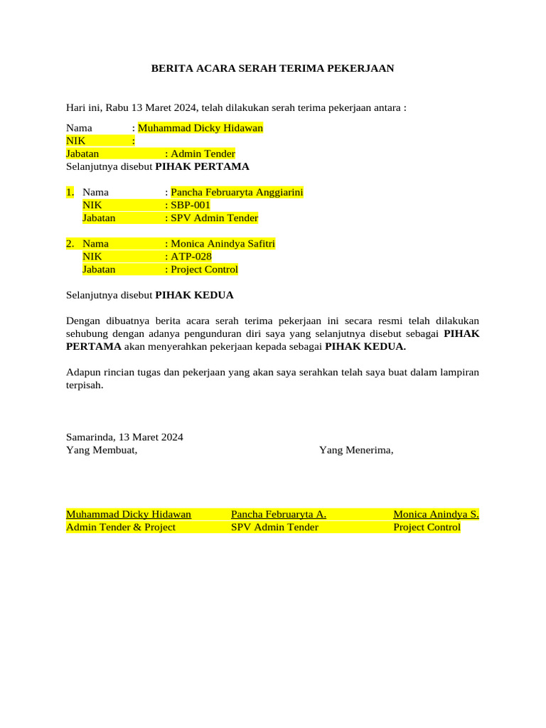 Draft Rincian & Berita Acara Serah Terima Pekerjaan New | PDF