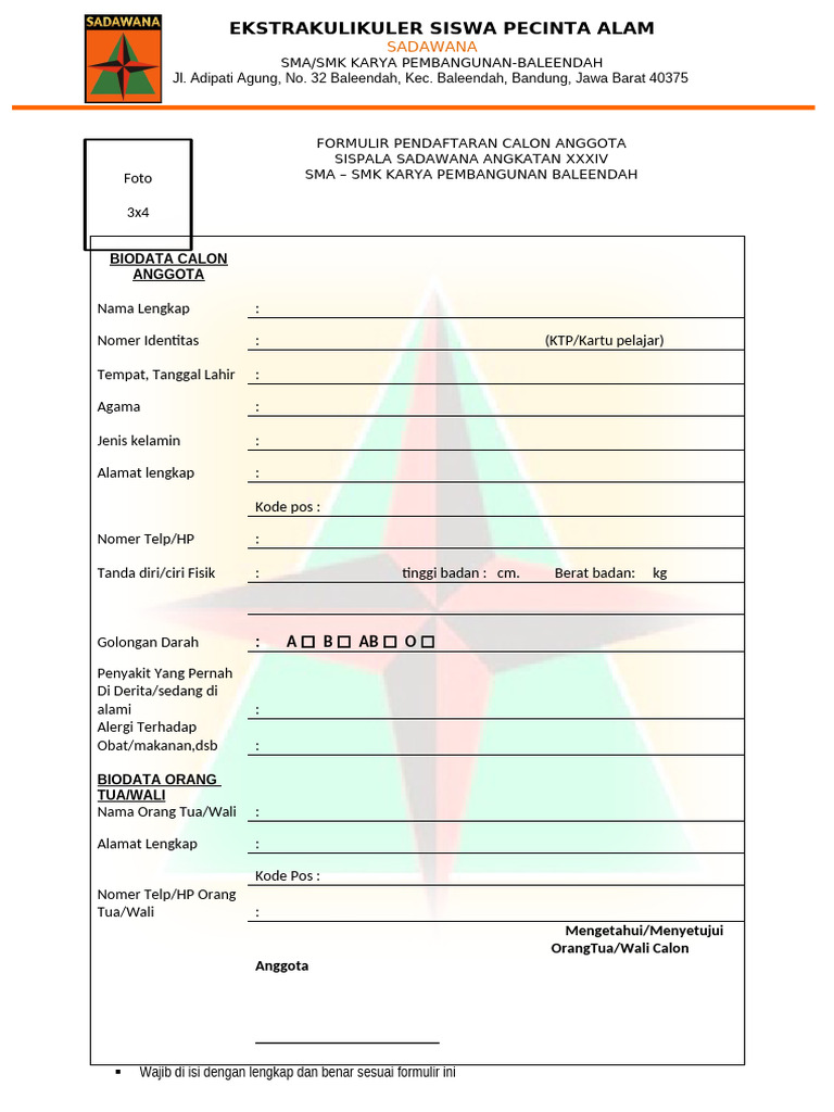 Formulir Pendaftaran Calon Anggota Sispala SDW | PDF
