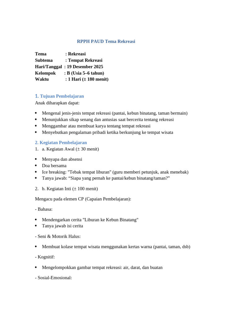 RPPH PAUD Tema Rekreasi | PDF