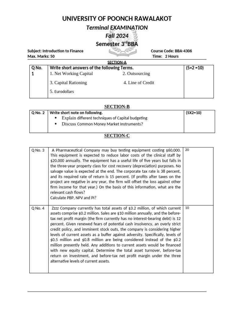 BBA Finance Exam Fall 2024 Guide | PDF | Depreciation | Business