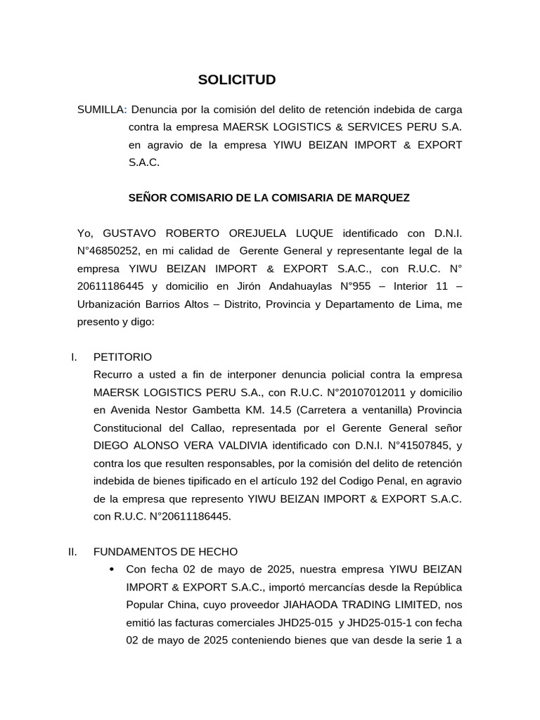 Denuncia Policial Por Retencion Indebida de Carga | PDF