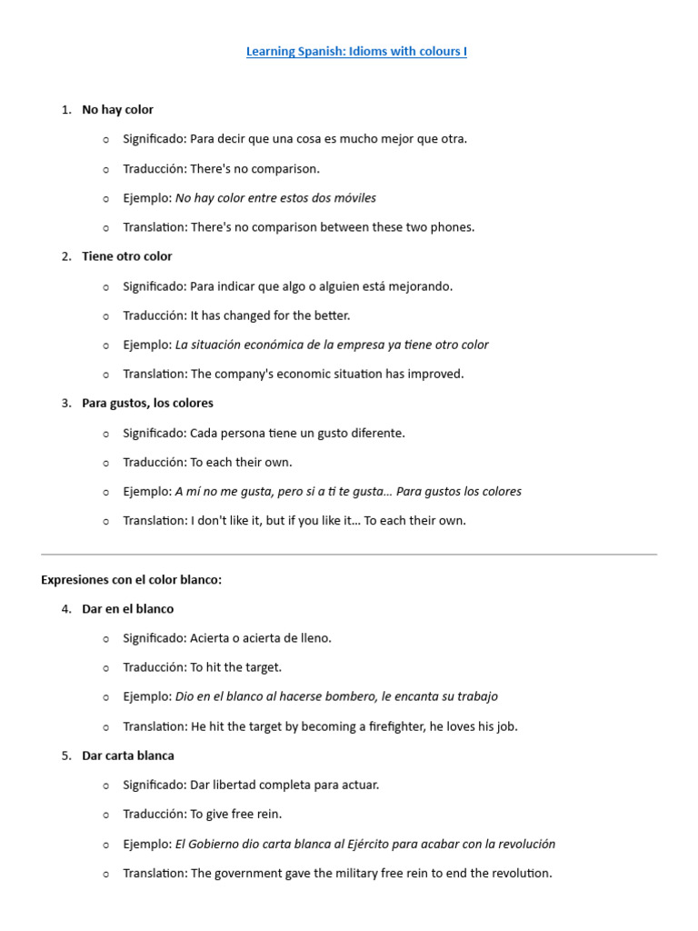 Learning Spanish Idioms With Colours I | PDF