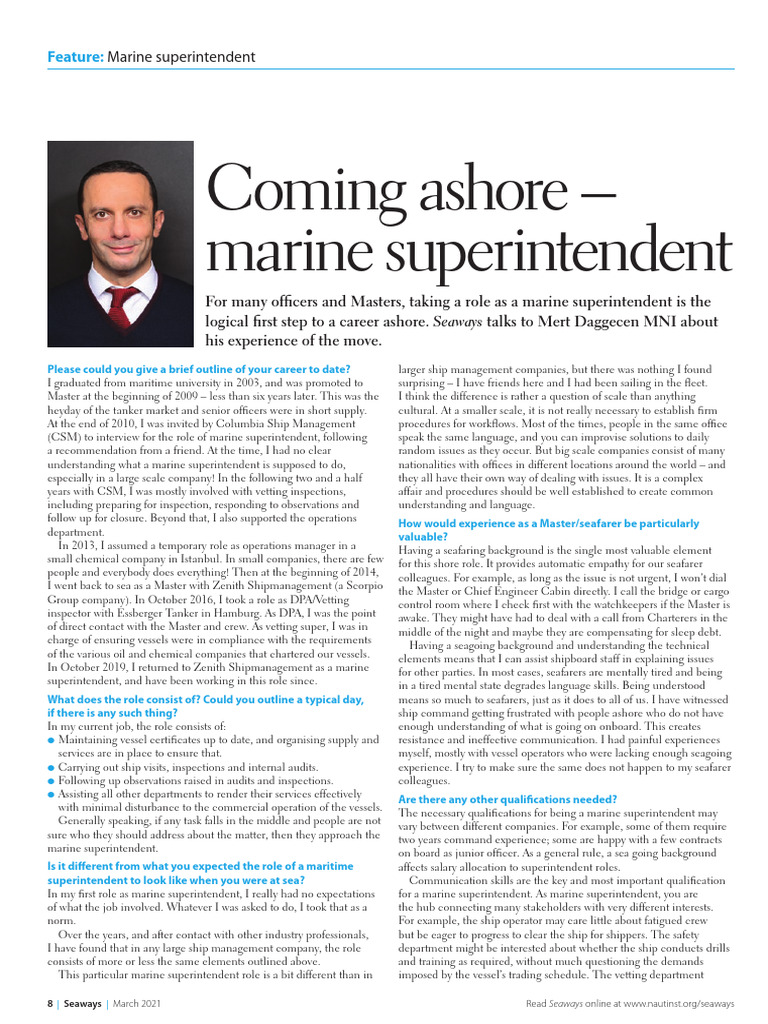 Seaways March21 Coming Ashore Marine Superintendent | PDF | Sailor | Ships