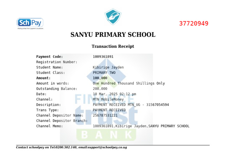 Sanyu Primary School: Transaction Receipt | PDF