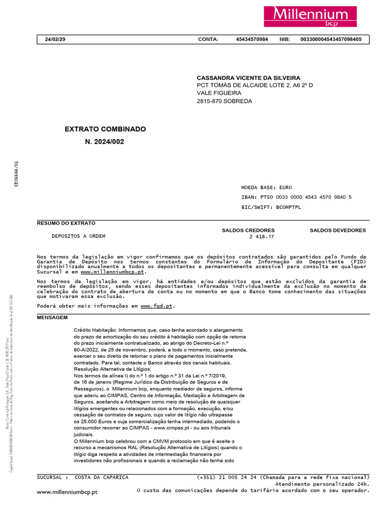 Extrato Bancário Millennium BCP Fevereiro 2024 | PDF | Seguro | Arbitragem