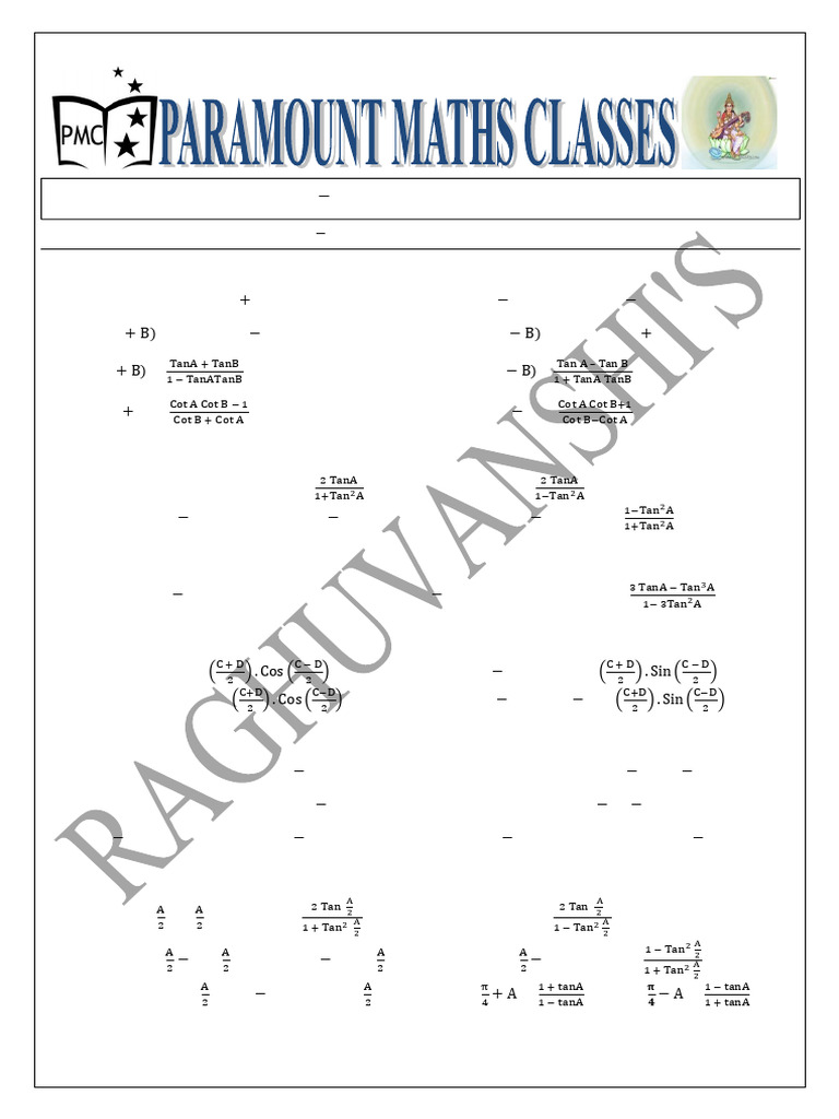 Xi (WS - 6) Trigo Formulae Sheet | PDF