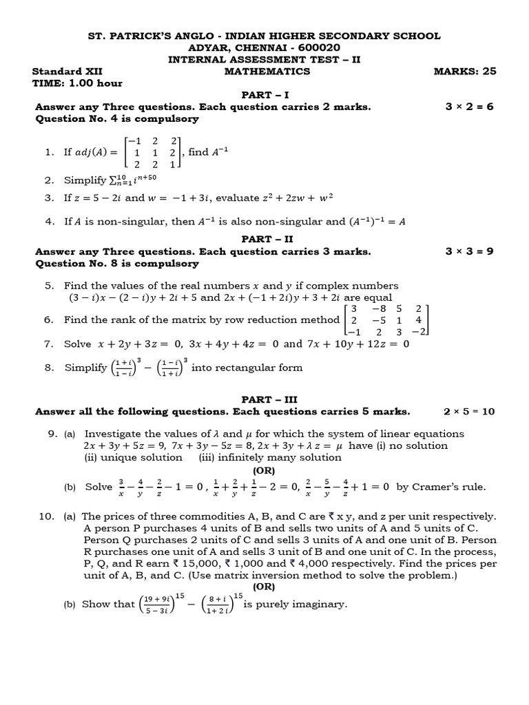 XII Mathematics Internal Assessment II | PDF | Mathematical Analysis ...