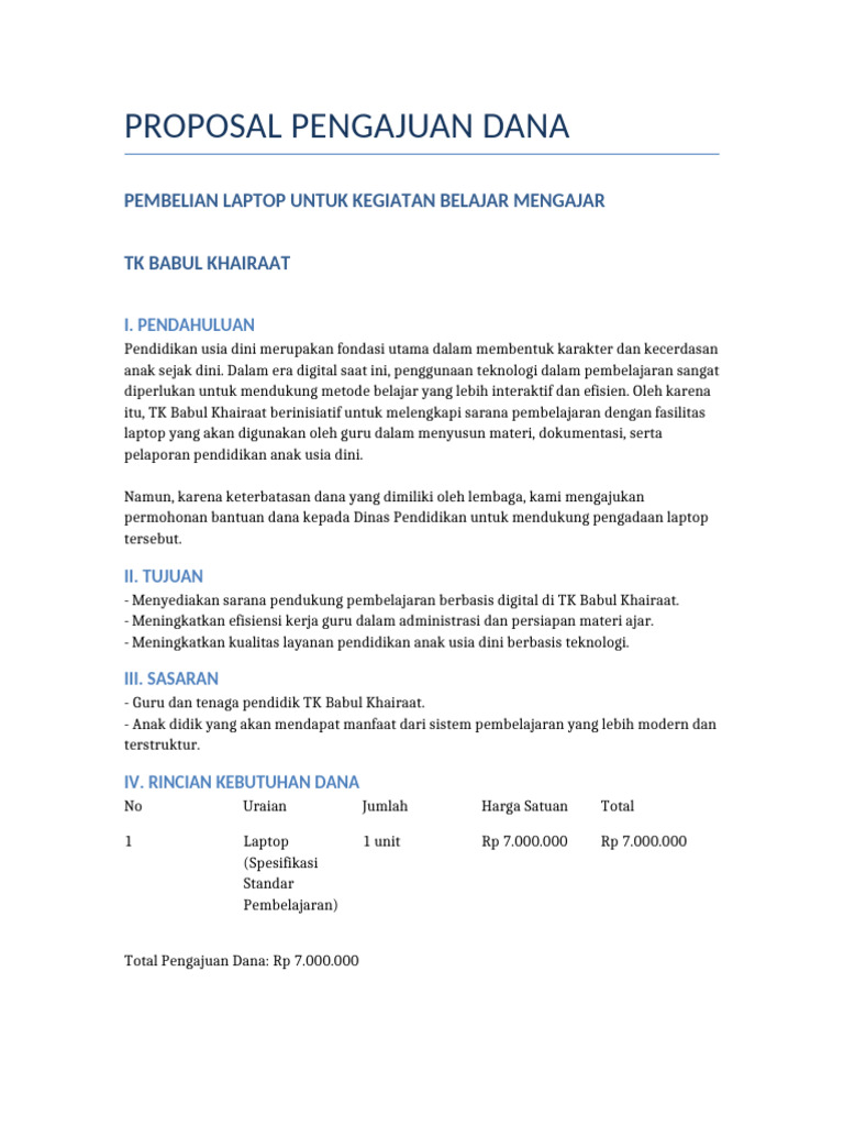 Proposal Pengajuan Dana Laptop TK Babul Khairaat | PDF