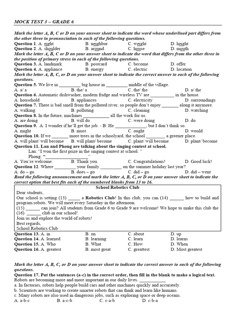 ANH 6 - MOCK TEST | PDF | Robot | Robotics