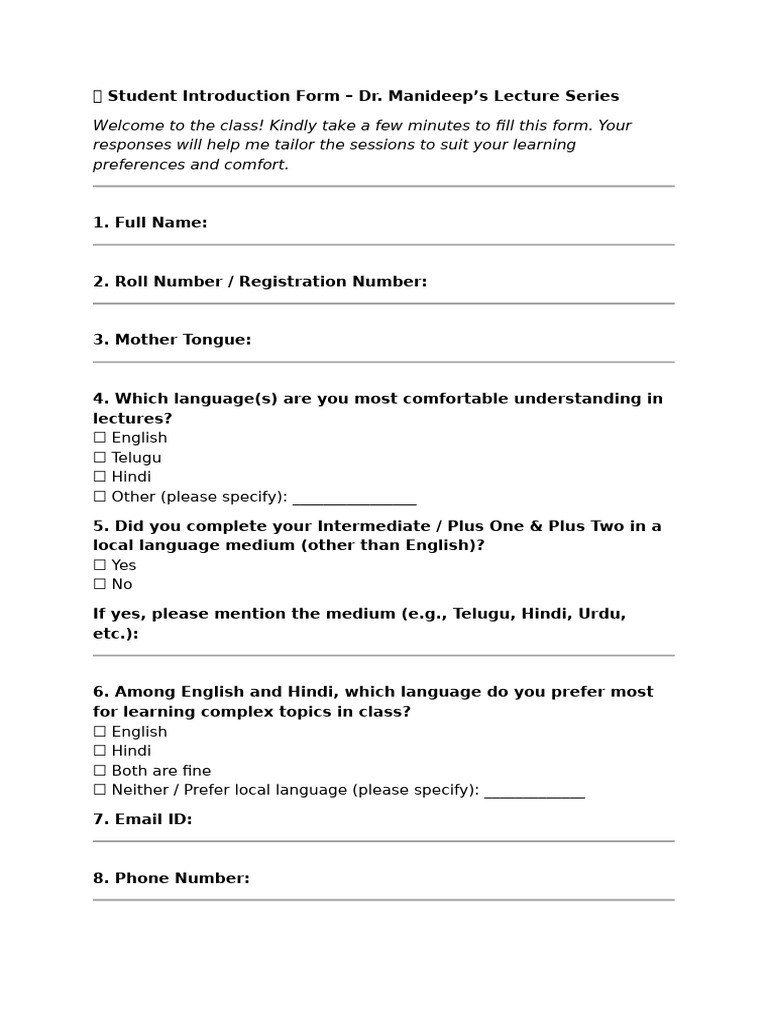 Students Information Form. | PDF